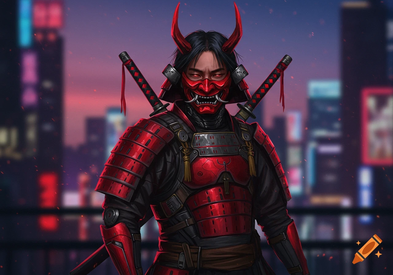 Stylized illustration of an Asian man in red samurai armor with an oni ...