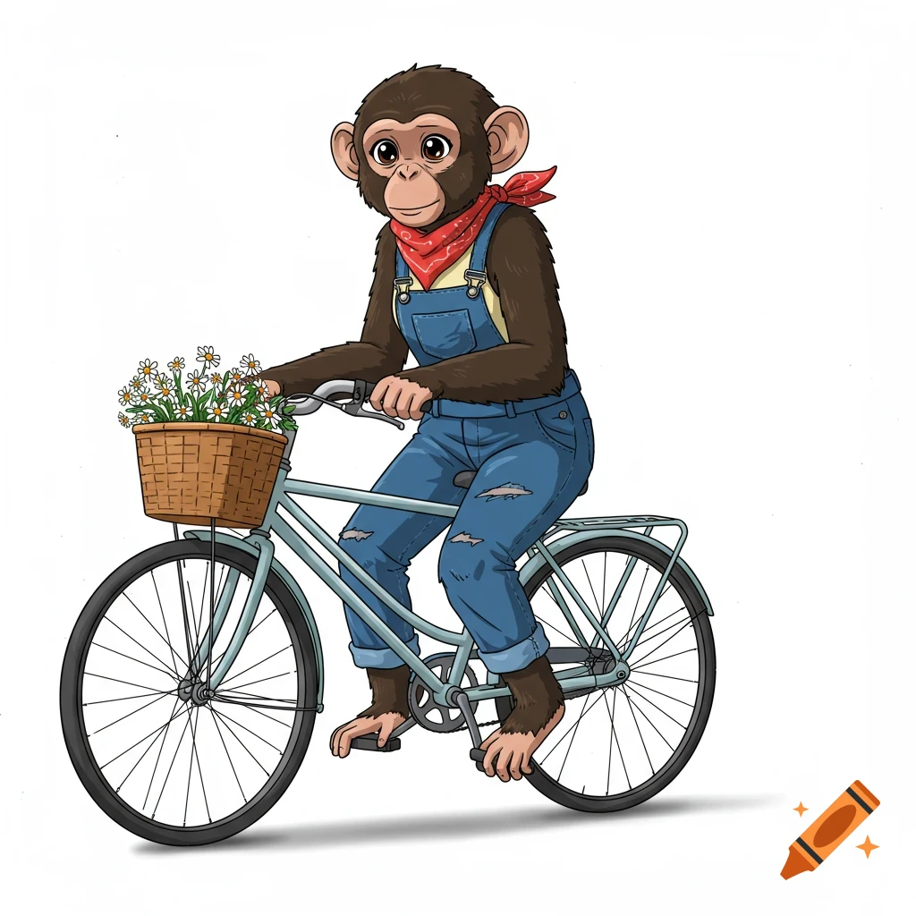 An anime illustration of an anthropomorphic chimpanzee in overalls and ...