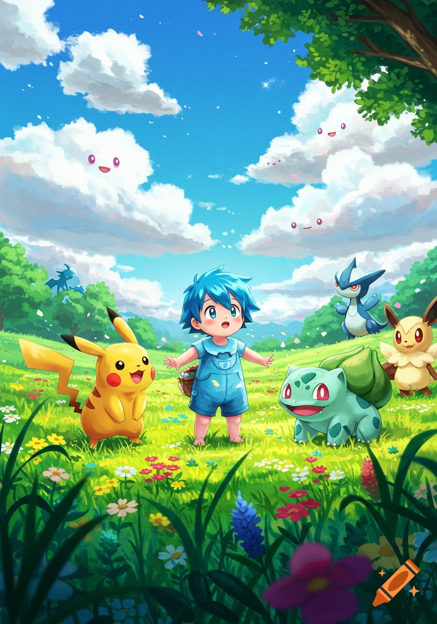Anime illustration of a boy and a girl surrounded by many colorful Pok ...