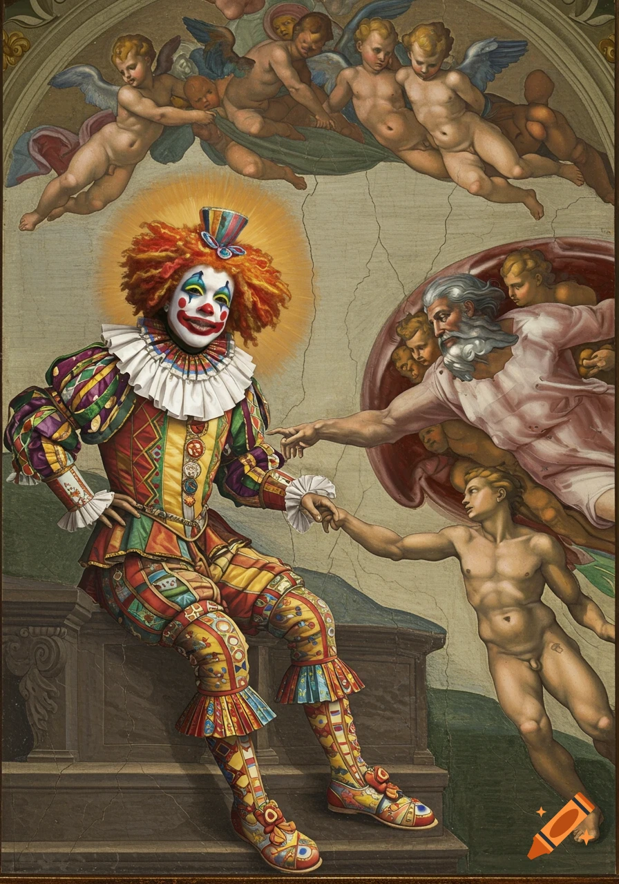 A garish clown with a halo replacing Adam in Michelangelo's 'The ...