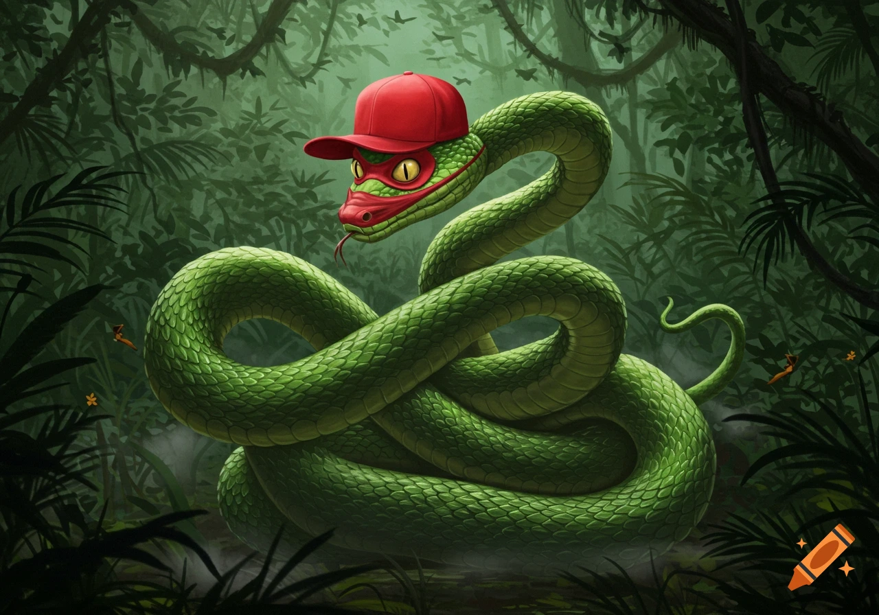 A coiled green snake wearing a red baseball cap and mask, ready to ...