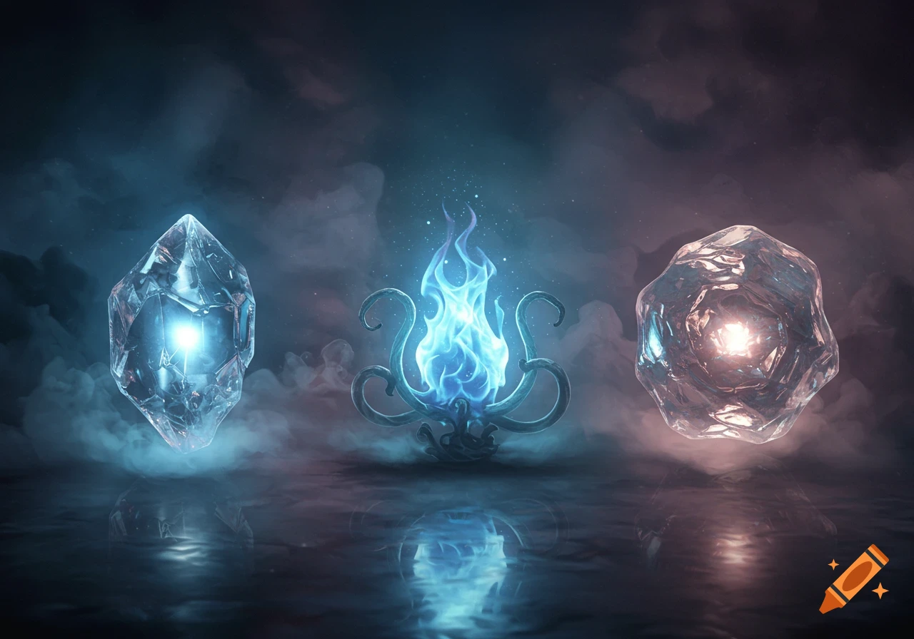 Three glowing elemental objects: a crystal, blue fire, and an ice-like ...