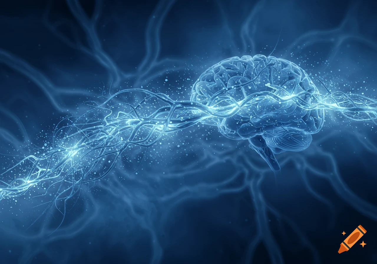 Glowing blue human brain with electric neural connections and sparks ...