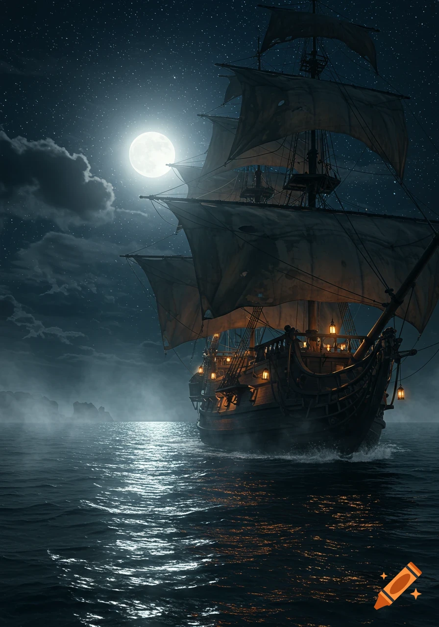 A dark pirate ship sails on a golden moonlit sea under a starry night ...