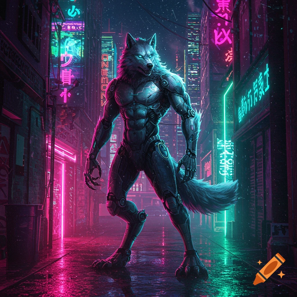 A muscular cybernetic werewolf stands in a vibrant, neon-lit cyberpunk ...