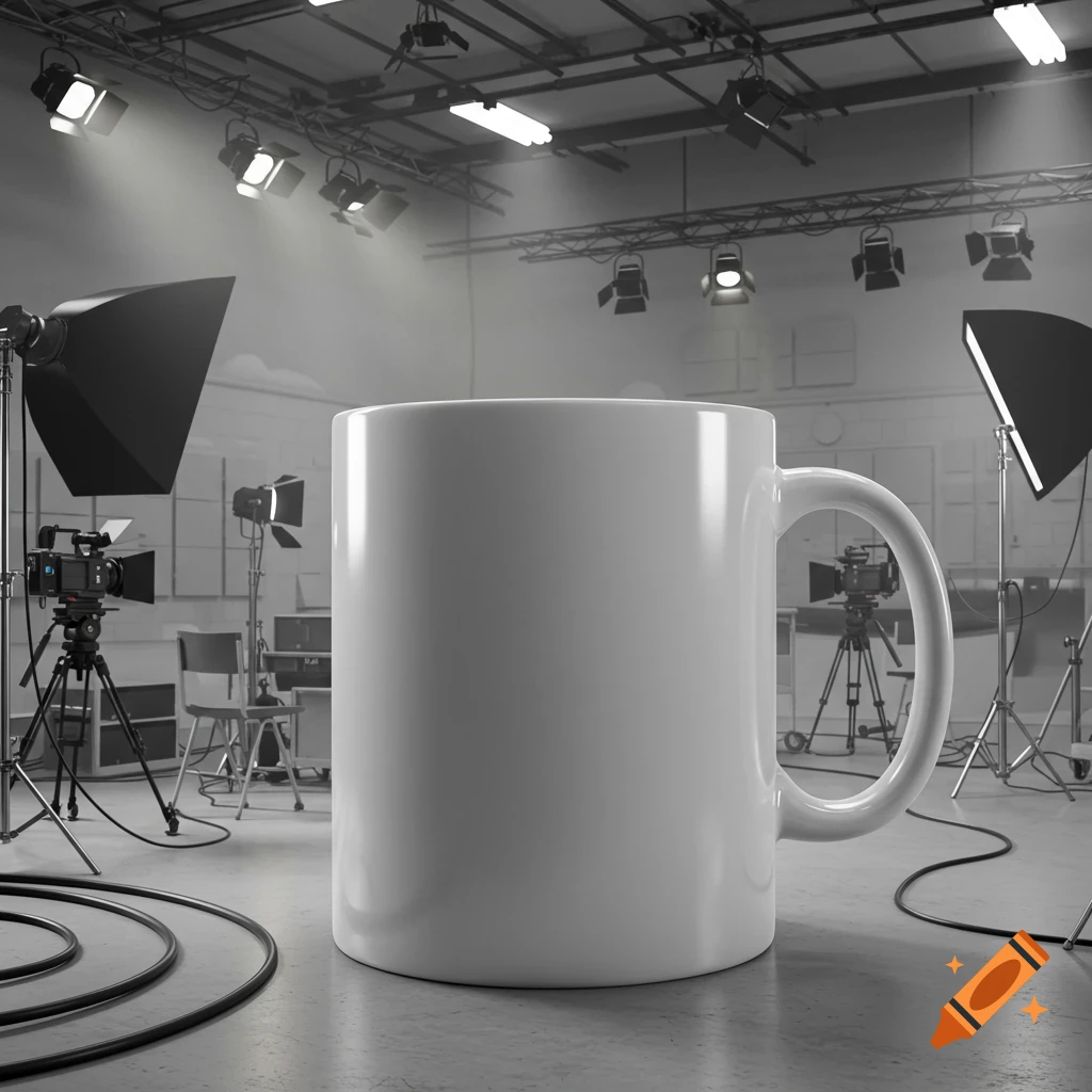White ceramic mug mockup in a film studio with production equipment. on ...