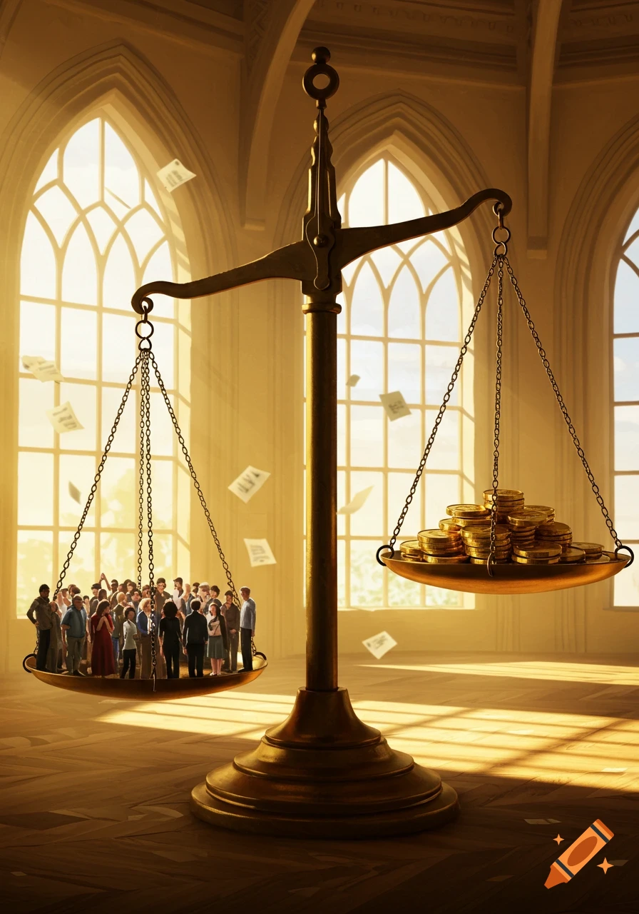 A bronze scale of justice in a sunlit hall, with a crowd of people on ...