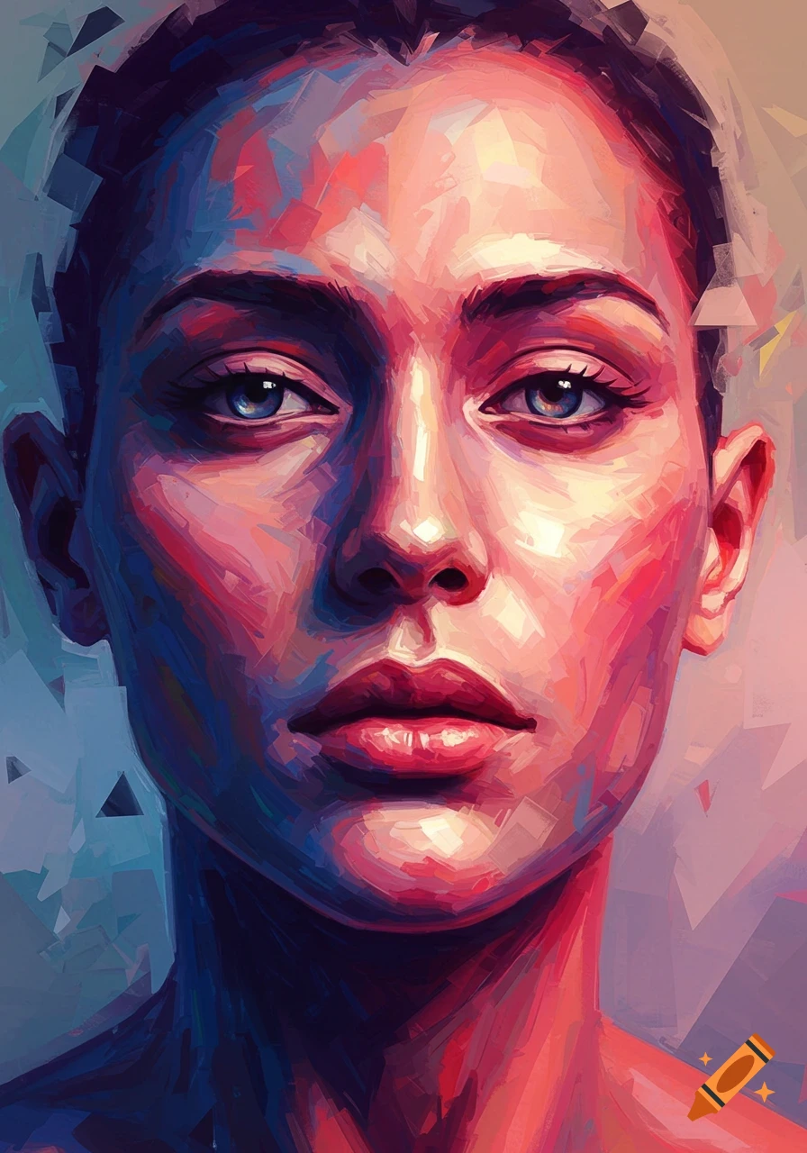 Colorful abstract portrait of a woman in a cubist art style, featuring ...