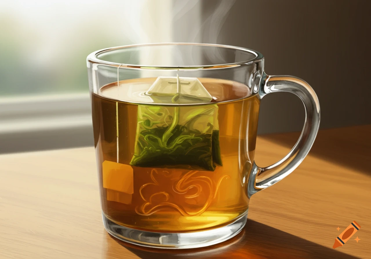 A clear glass mug with a green tea bag steeping in amber-colored tea ...