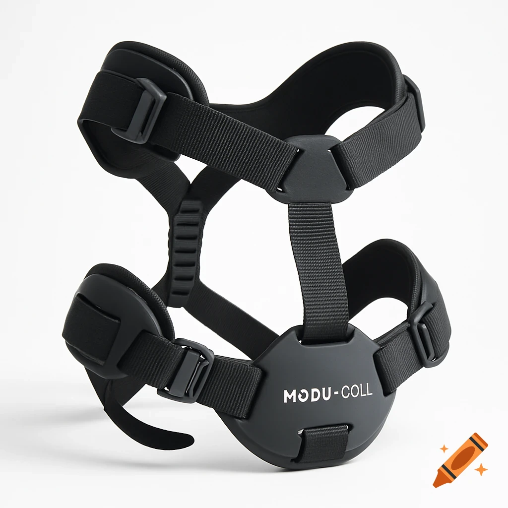 Black modular neck brace with straps and buckles on a white background ...