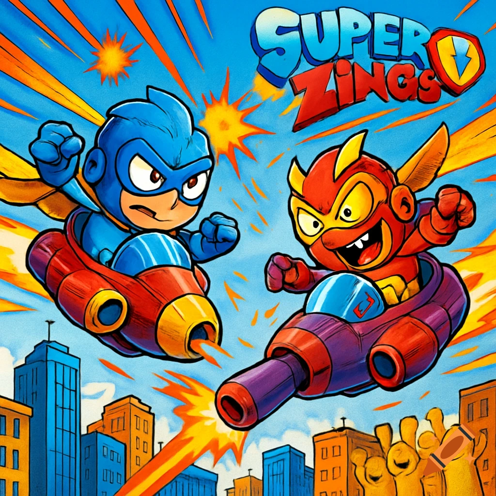 Two cartoon SuperZings characters in red and purple blaster jets fly over a city, vibrant comic ...