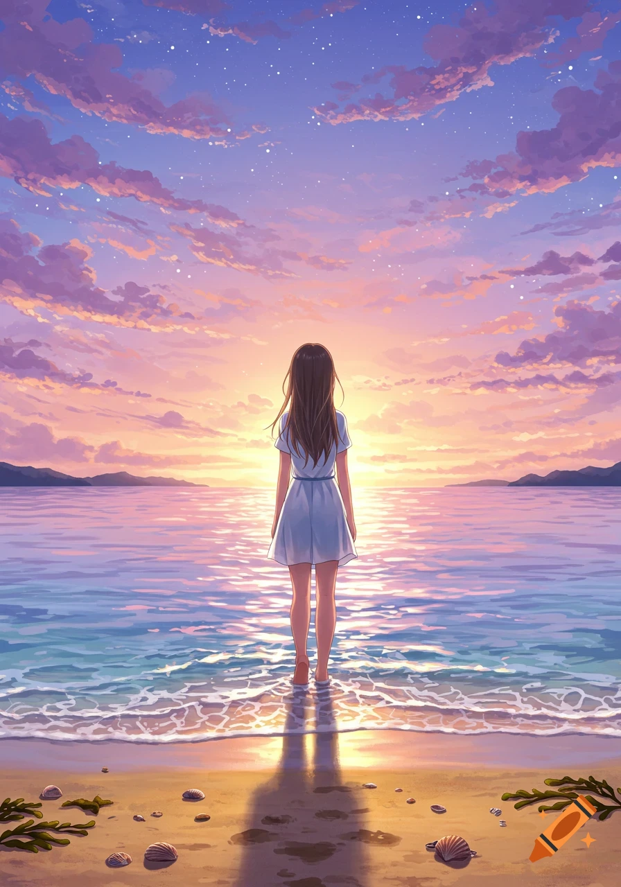 A silhouetted person with flowing hair stands on a cliff, gazing at a ...