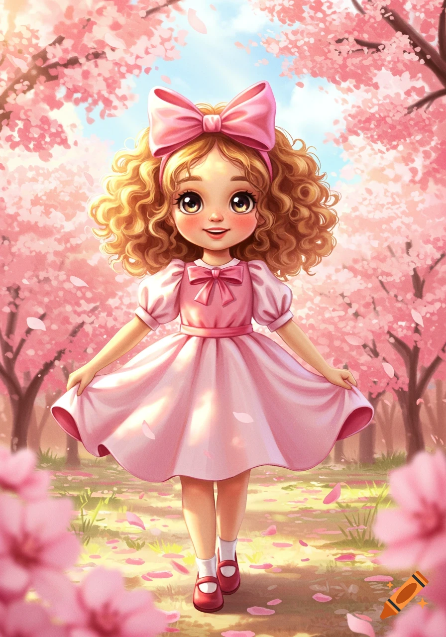 A cute cartoon girl in a pink dress and a big pink bow stands smiling ...