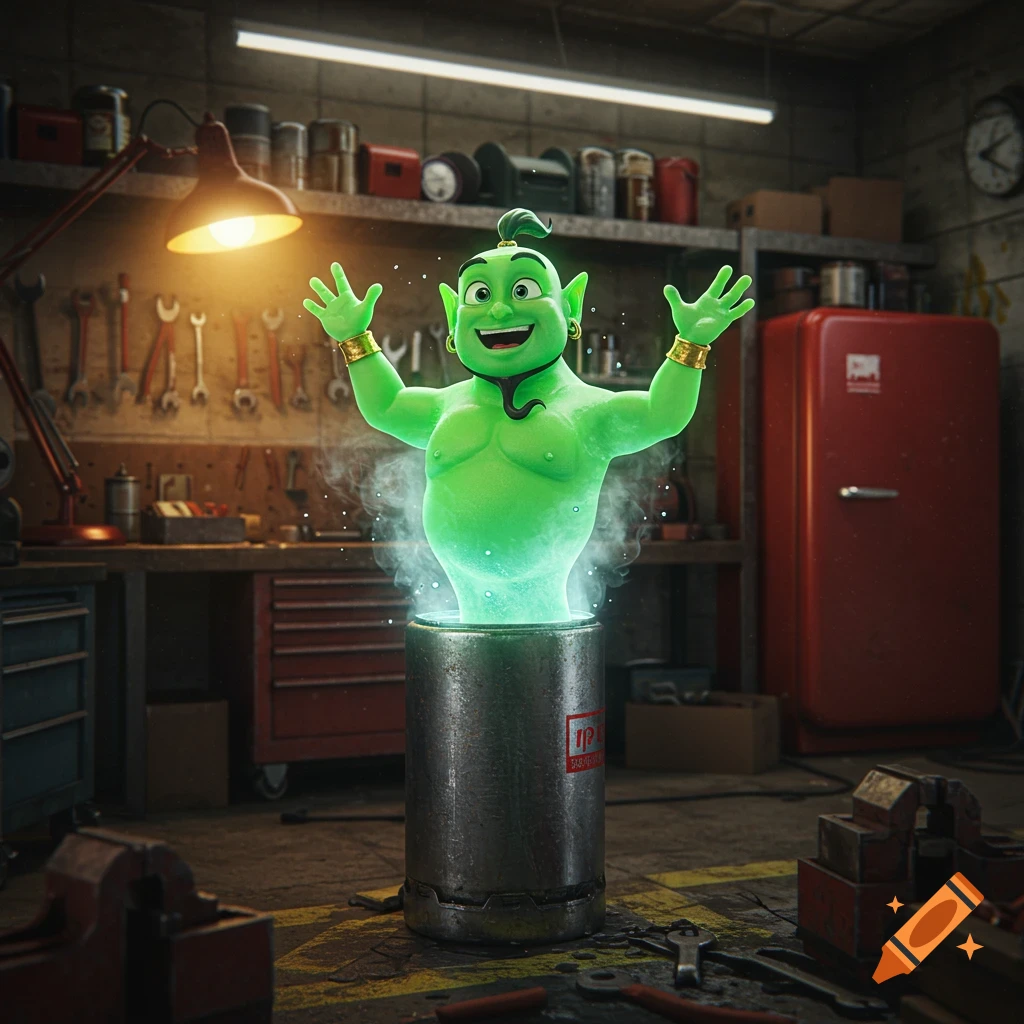 A cartoonish green genie with a playful expression emerges from a ...