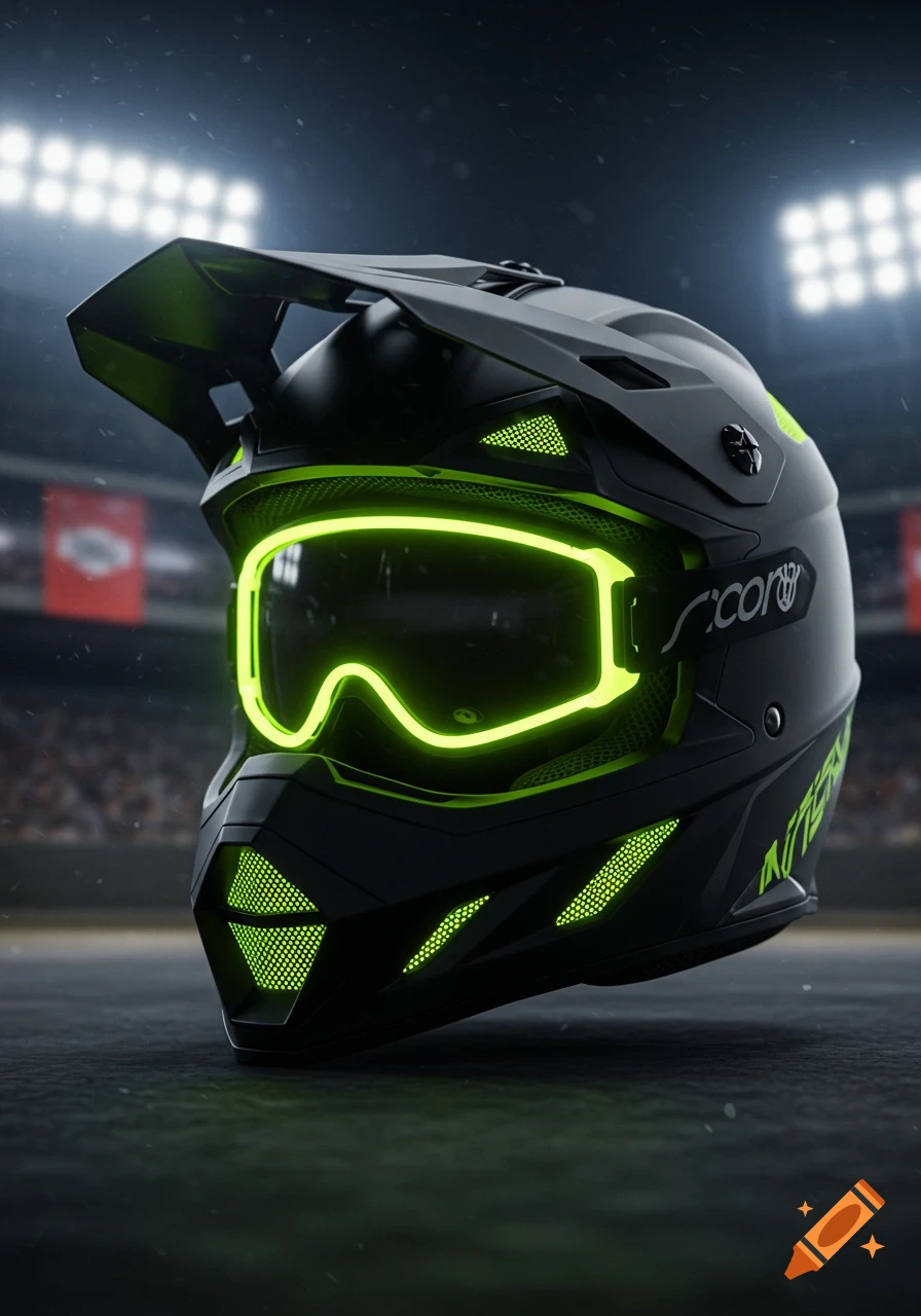 A black motocross helmet with glowing neon green accents and goggles ...
