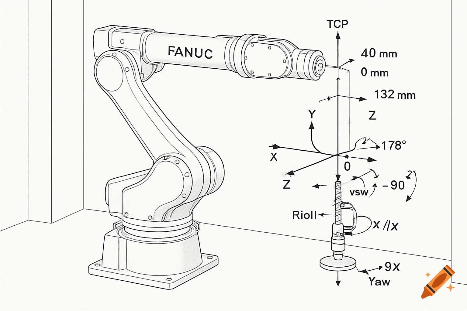 A technical line drawing of a 6-axis FANUC industrial robot arm with a ...