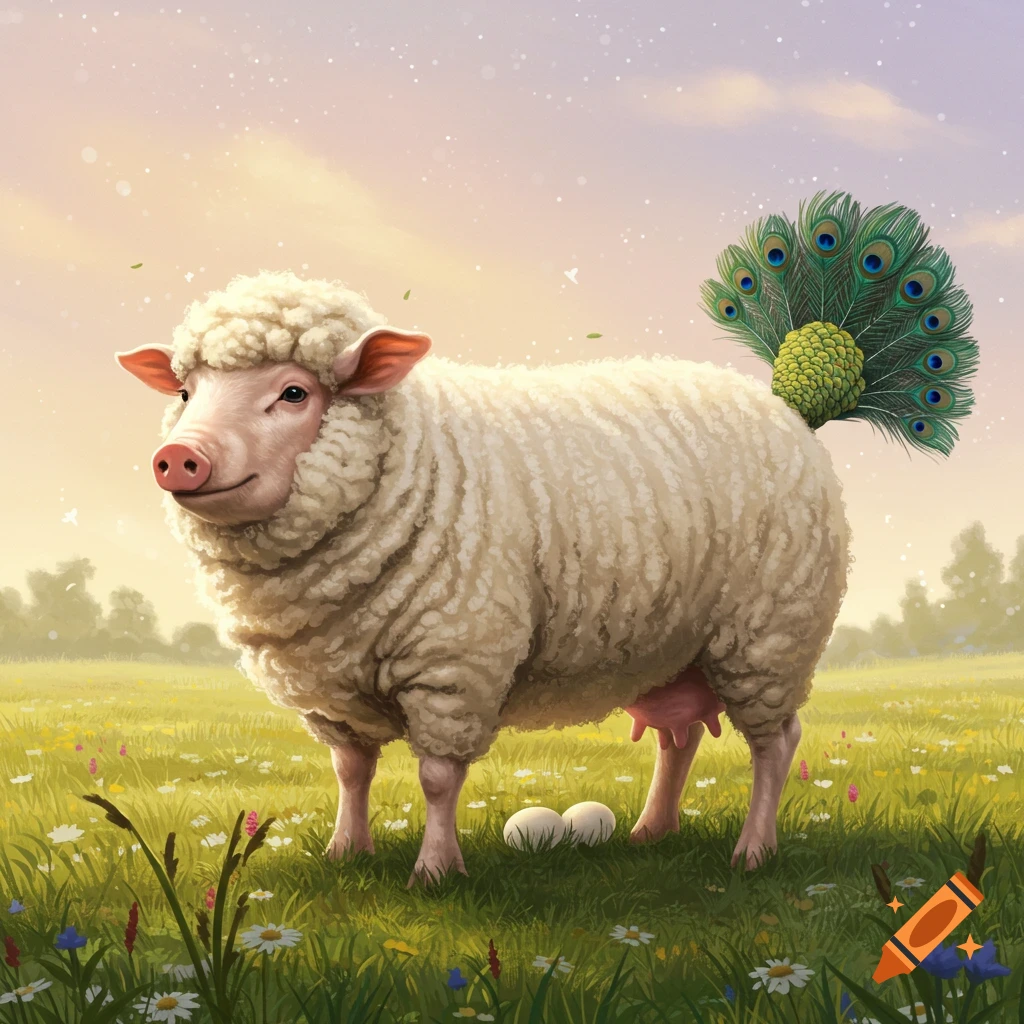 A whimsical sheep-pig hybrid with a peacock tail and udder, standing in ...