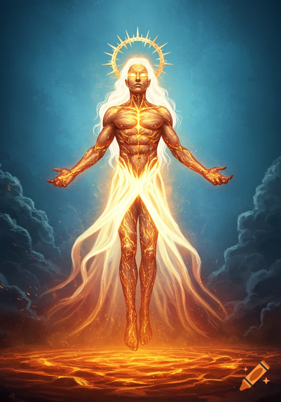 A glowing man with molten bronze skin, white hair, and golden eyes ...