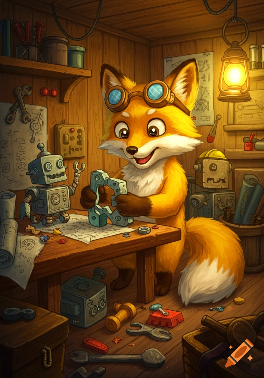 A cheerful cartoon yellow fox with goggles building robots in a ...