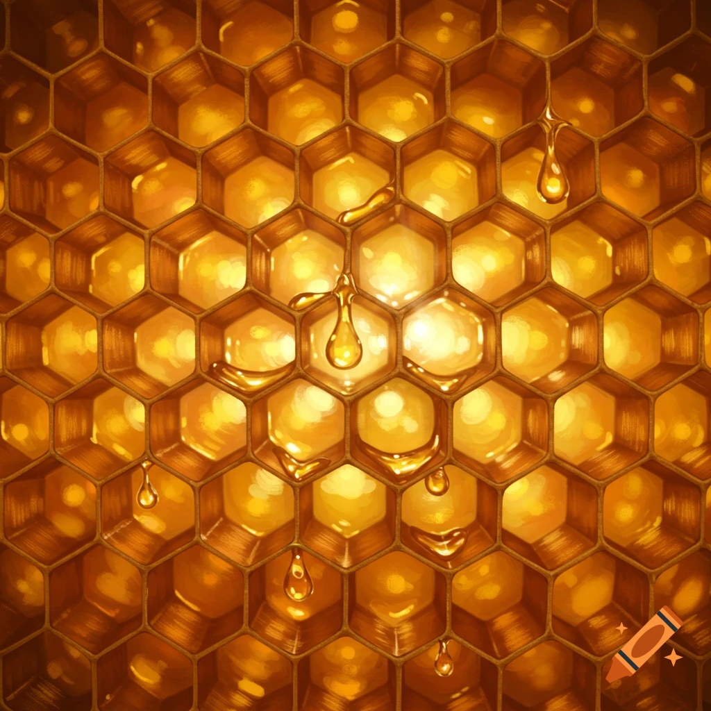 A close-up of a golden honeycomb with glistening honey dripping from the hexagonal cells. on Craiyon