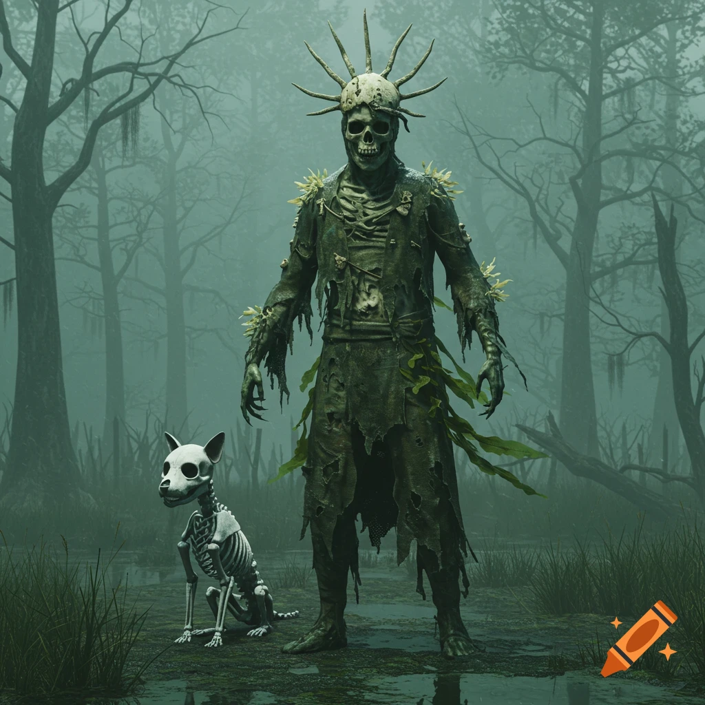 A skeletal figure with a spiky skull crown and tattered, seaweed ...