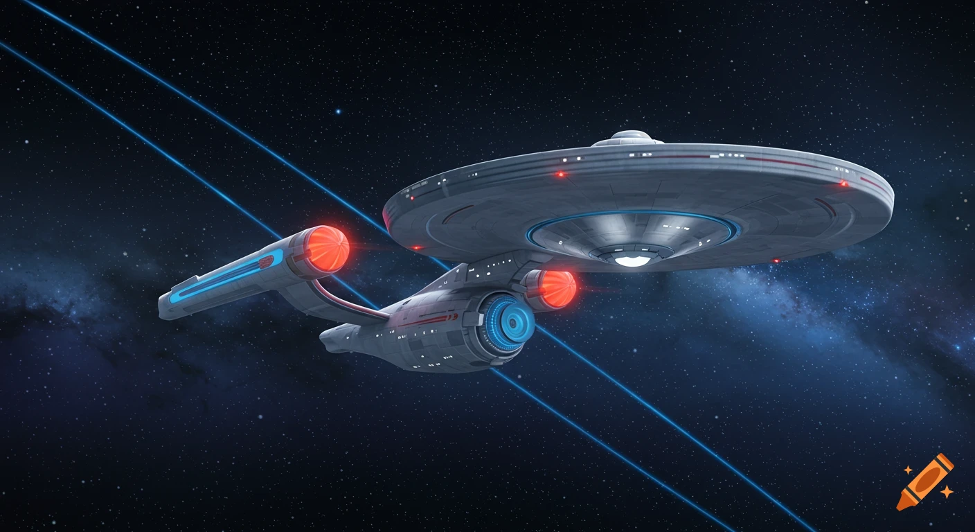 A detailed sci-fi starship with red-orange glowing nacelles and blue ...