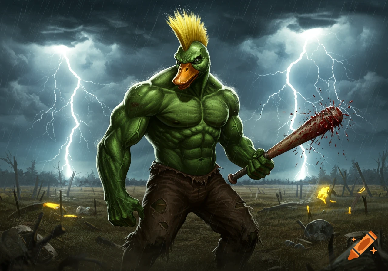 An anime-style character with green hair and intense green eyes stands ...