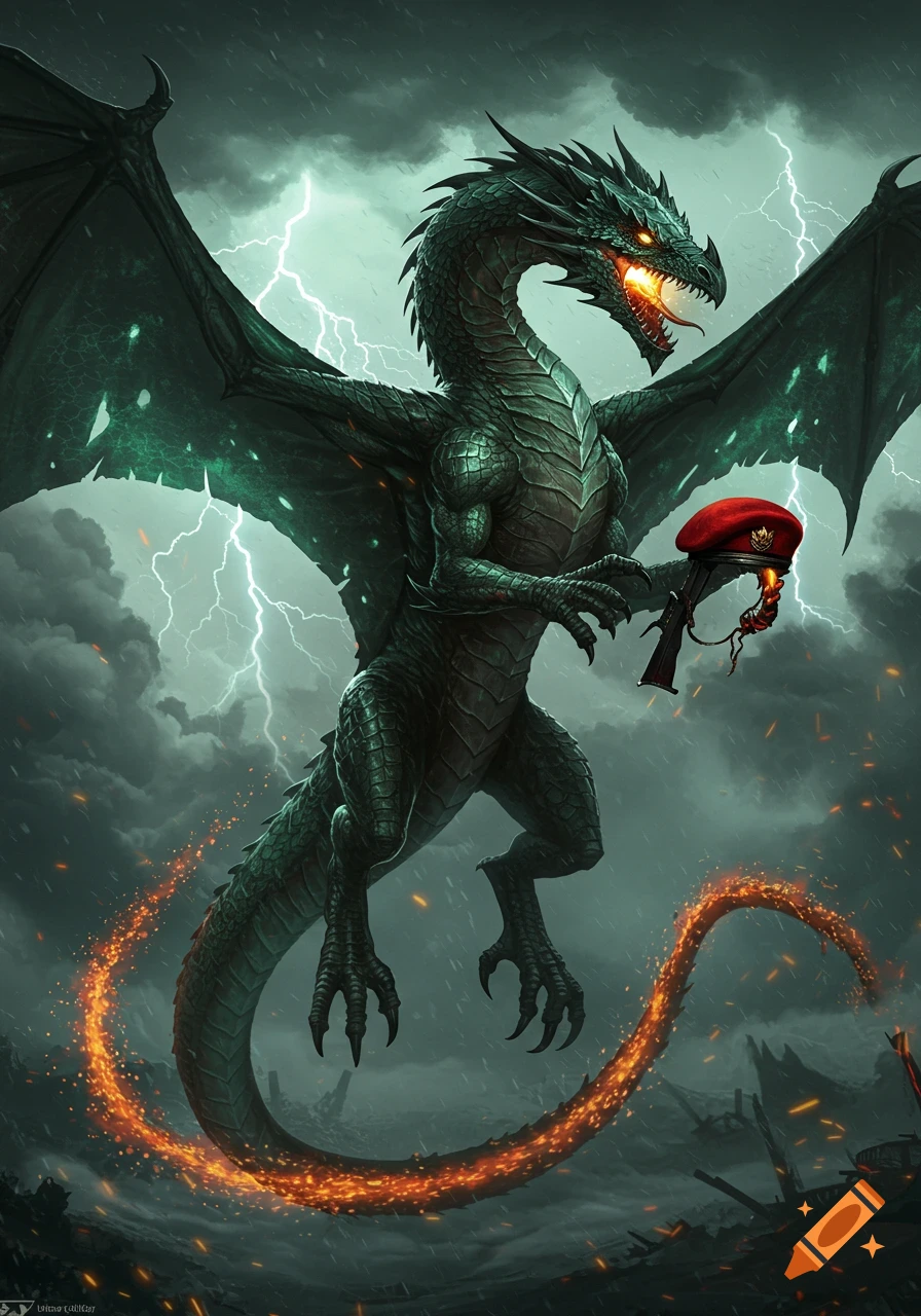 A menacing black dragon with large wings breathes a vibrant green fire ...