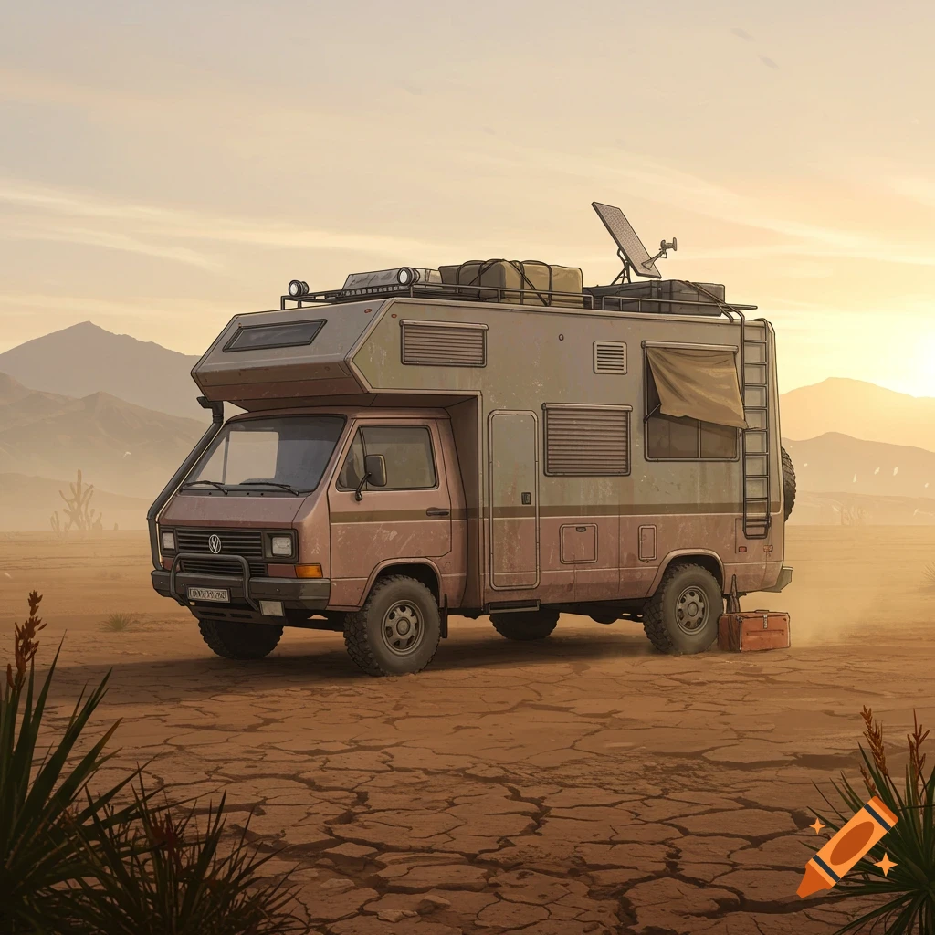 A modern, matte pink luxury camper van with off-road tires on a rocky ...
