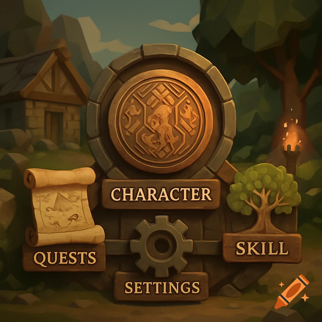 A low-poly medieval game UI with buttons for Character, Quests, Skill ...