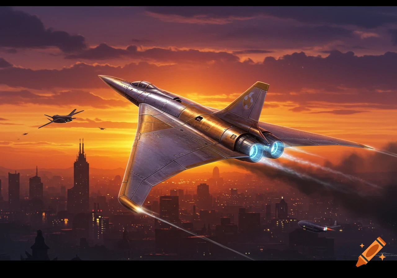 A sleek fighter jet soars through a vibrant red and orange sunset above ...