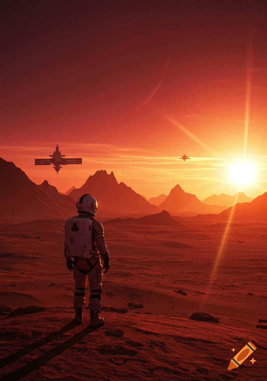 Astronaut stands on the red Martian surface at sunset, with a space ...