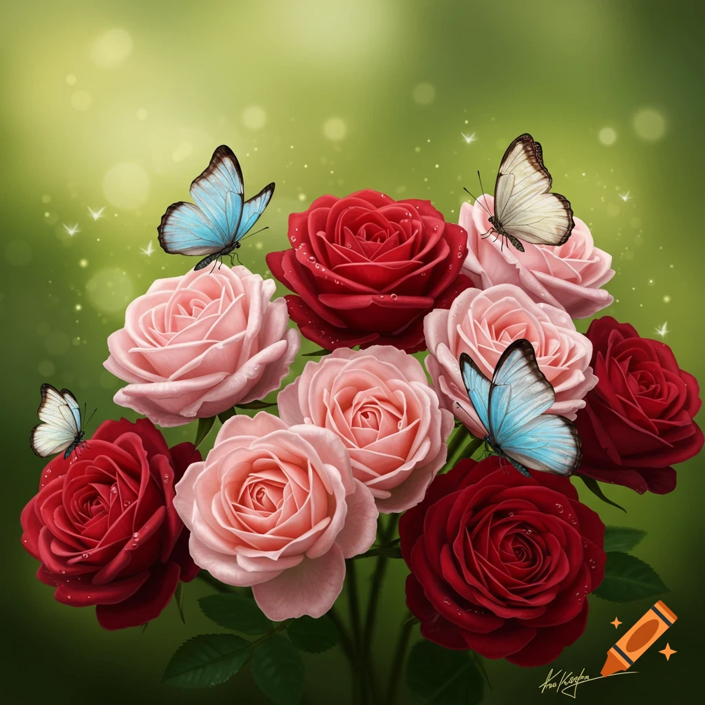 Photorealistic bouquet of red, orange, purple, and pink roses with ...
