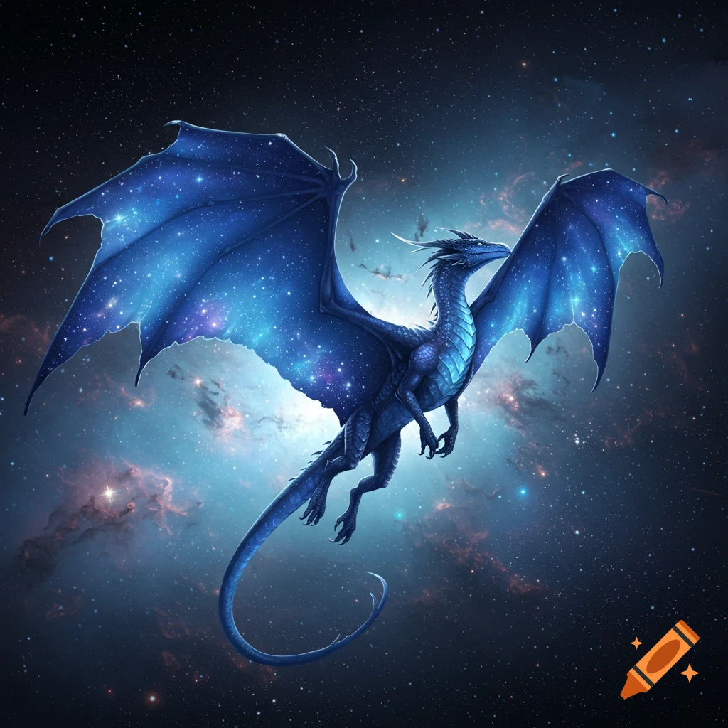 A blue galaxy dragon with large, star-filled wings flies gracefully ...