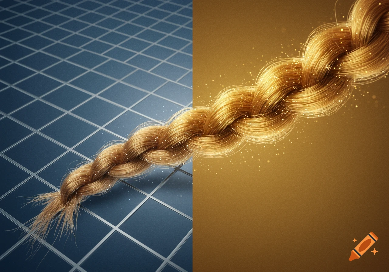 A realistic lock of dark brown hair forms a question mark against a ...