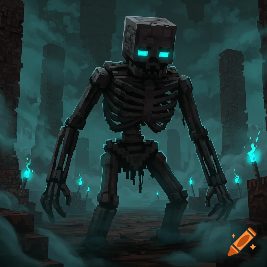 A dark, blocky Minecraft Wither Skeleton with glowing blue eyes stands ...