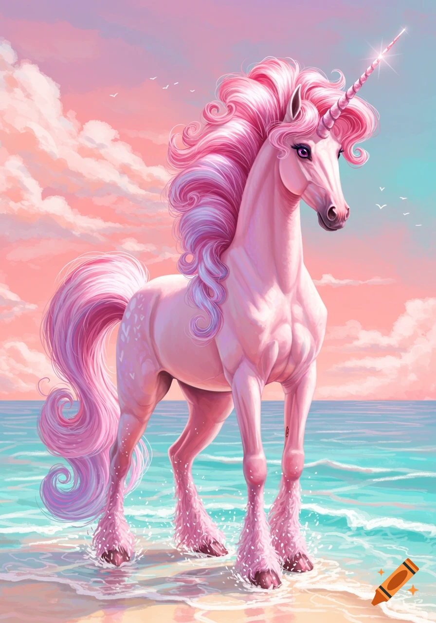 A dappled horse trots through shallow water on a sandy beach with ocean ...