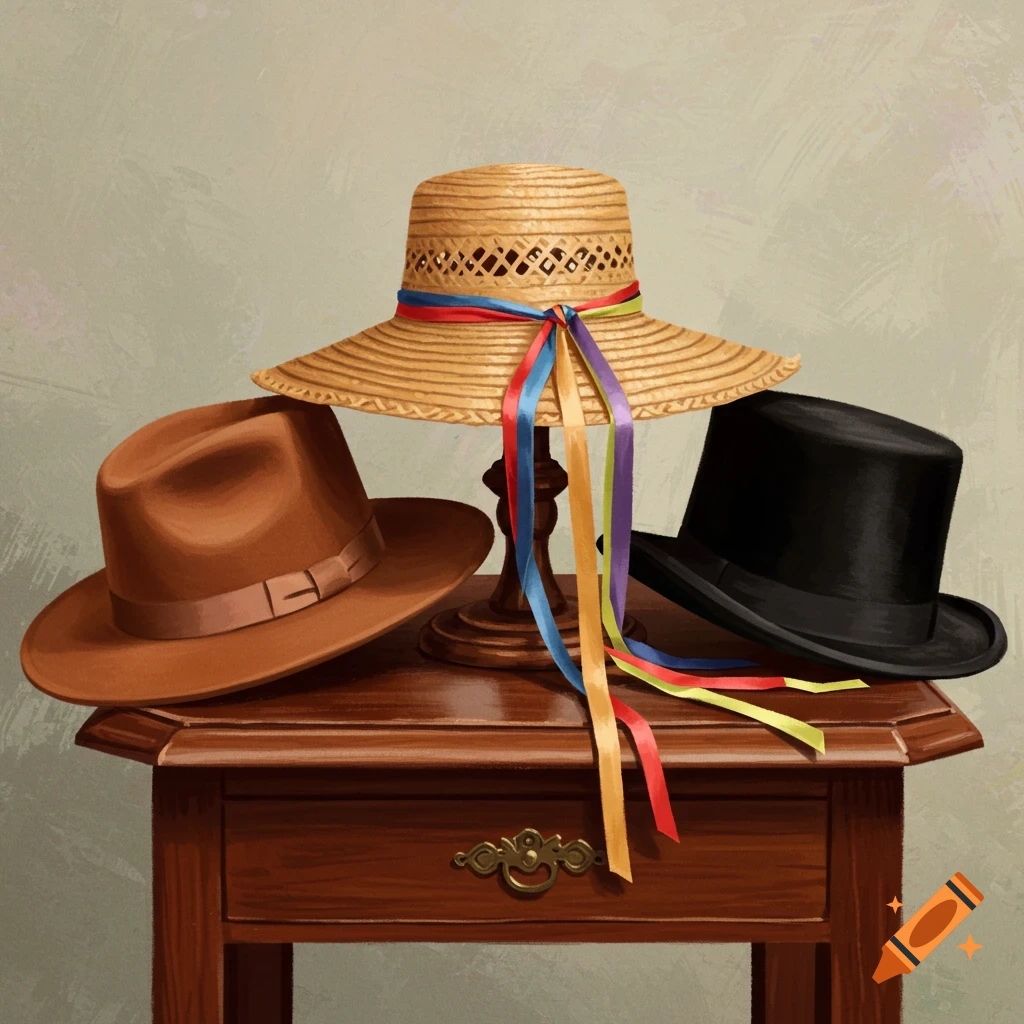 A still life painting of three hats on a wooden table: a straw hat with ...