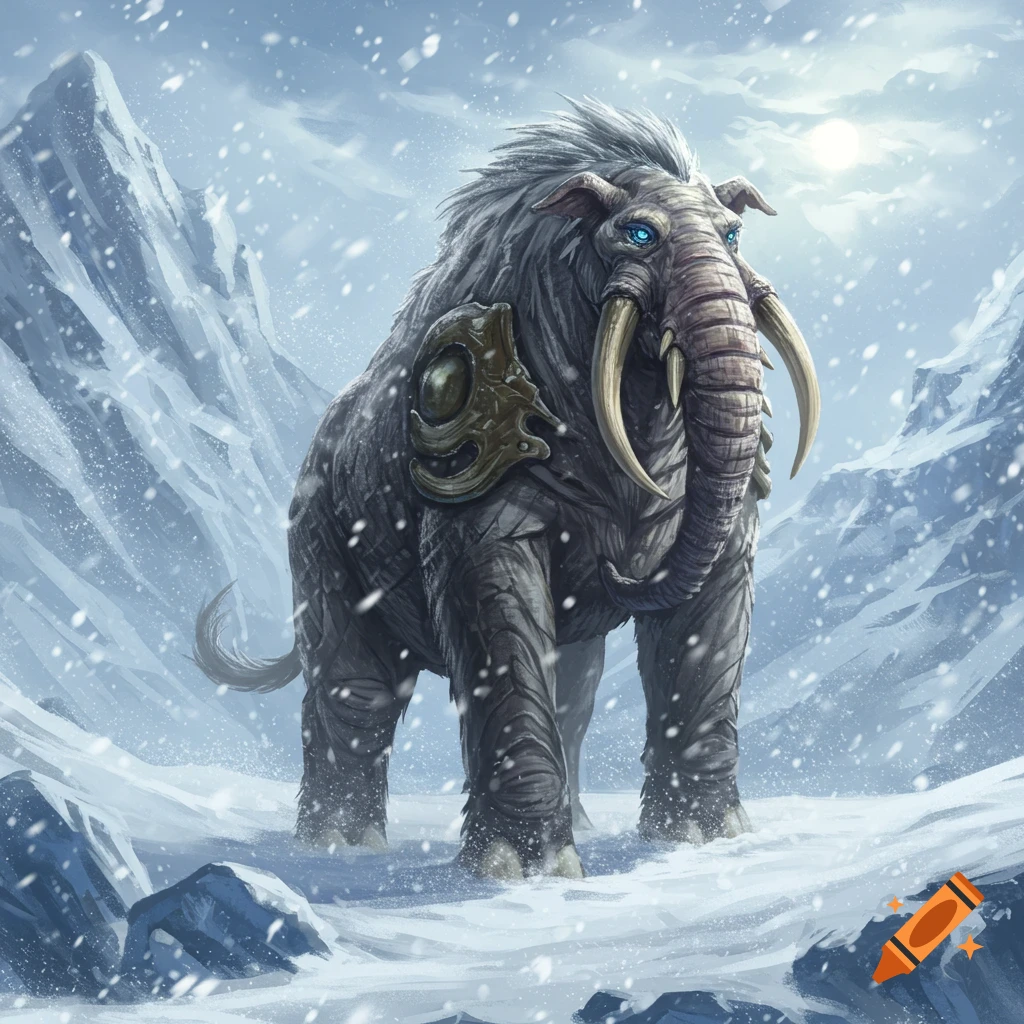A powerful, grey, furry elephant-like fantasy creature with large tusks ...