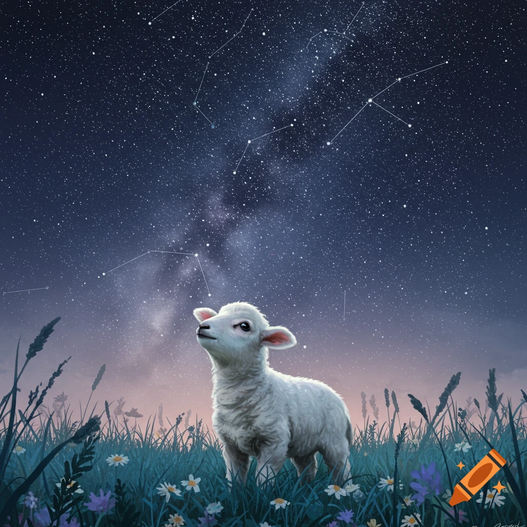 An illustrated lamb stands in a field of grass and flowers, looking up ...