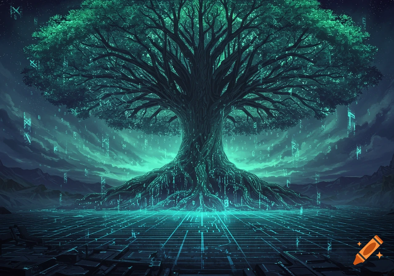 A surreal melting clock integrated into a mossy tree in a foggy ...