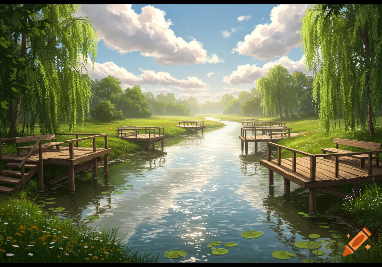 An animated landscape of a tranquil river with wooden platforms ...