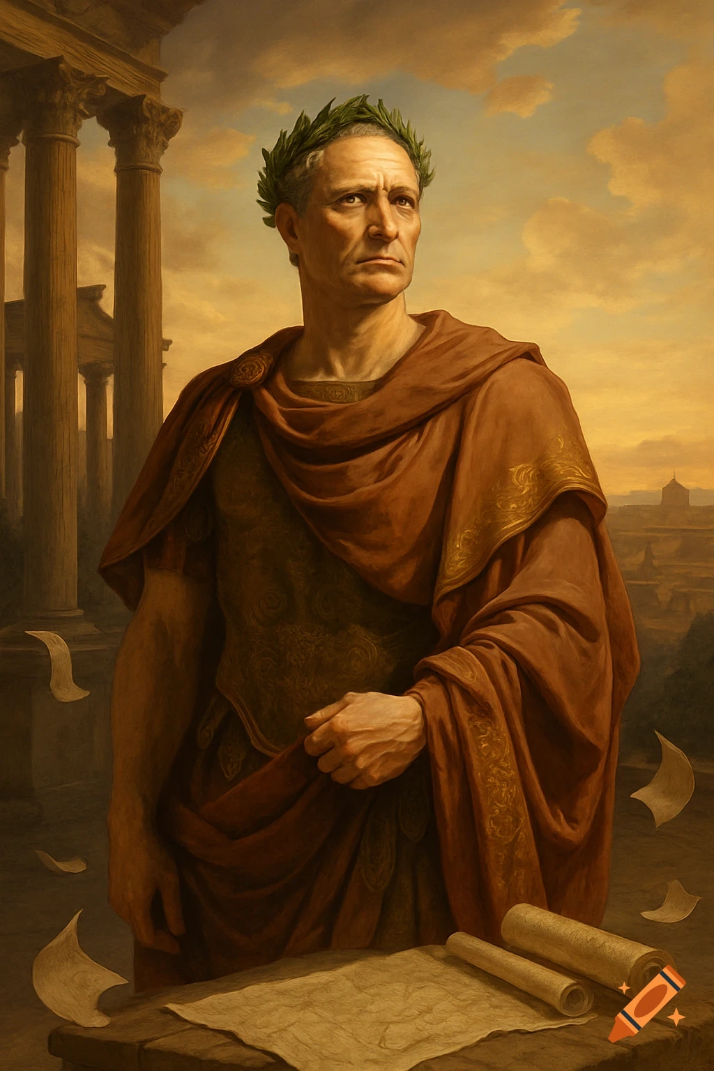 A classical painting of a man resembling Julius Caesar in Roman armor ...