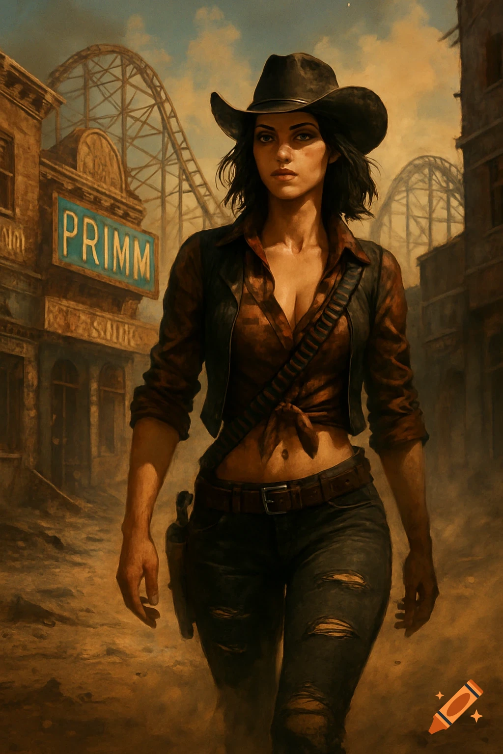 Anime painting of a man with long dark hair in post-apocalyptic gear ...