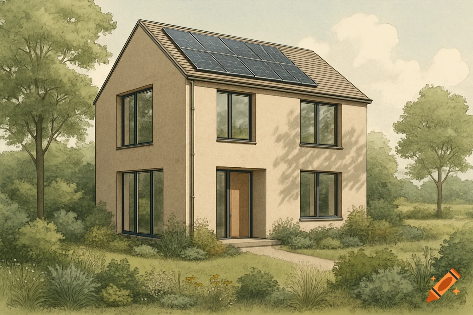 A modern two-story house with a beige facade and solar panels on the ...