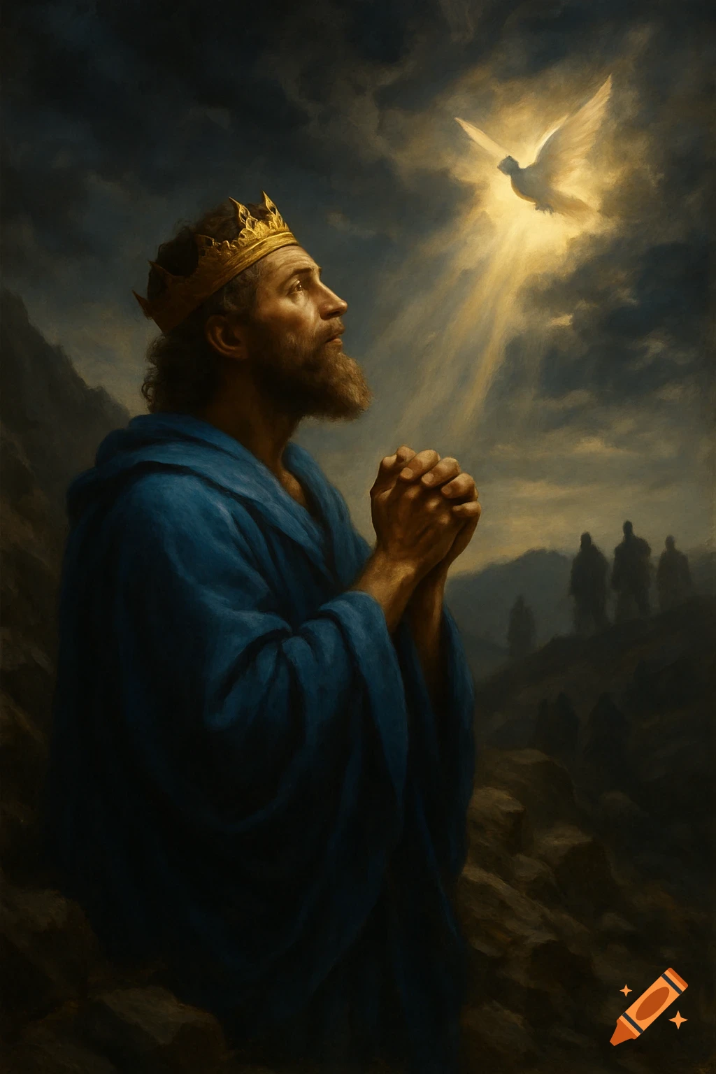 A bearded king in a blue robe and crown prays, looking up at a dove in ...