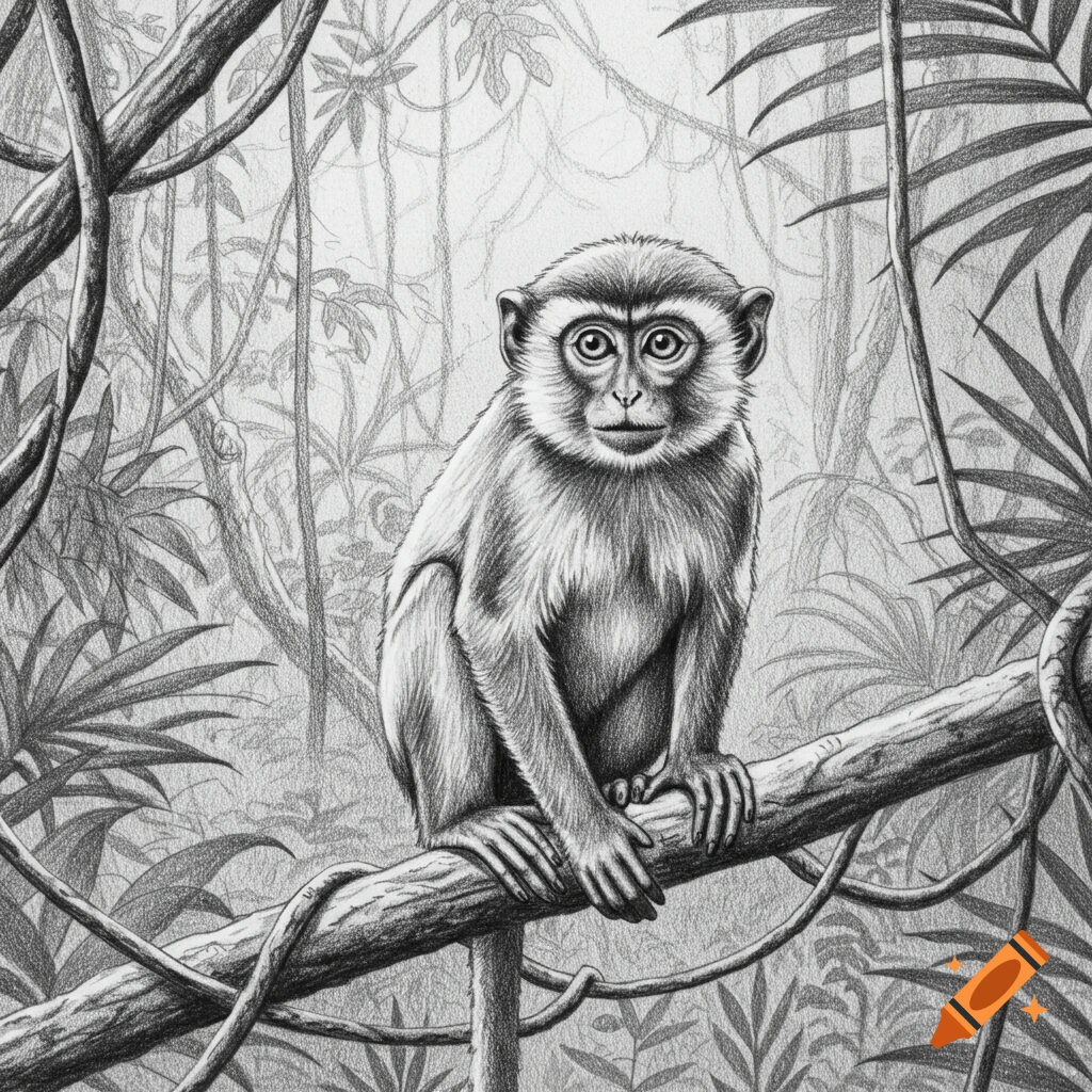 A detailed black and white pencil drawing of a monkey sitting on a tree ...