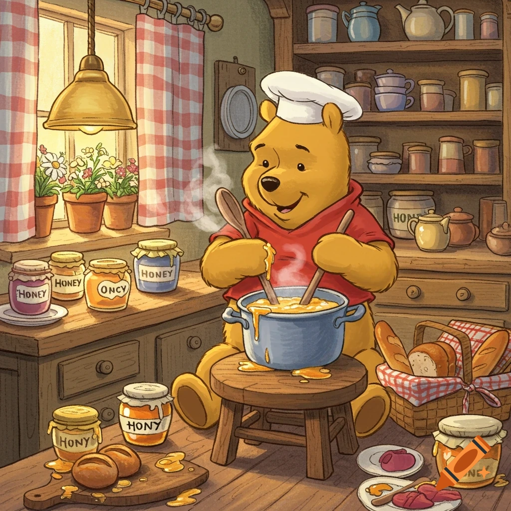 Winnie the Pooh, wearing a chef's hat, sits on a stool in a kitchen ...