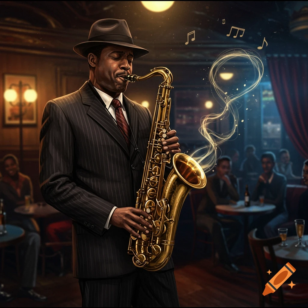 A man with rhubarb leaves for hair plays a trumpet in a dimly lit jazz ...