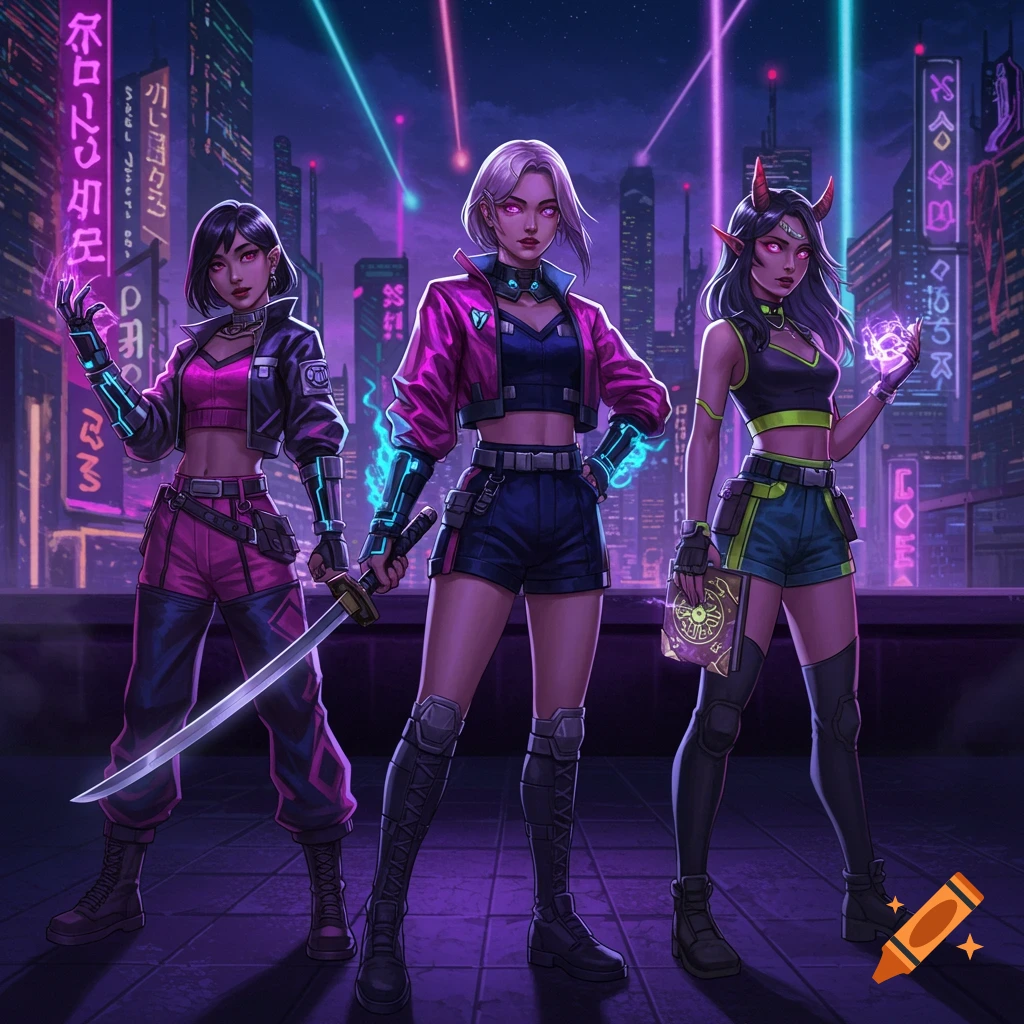 Five women with neon face paint pose at a vibrant, glow-lit rave party ...